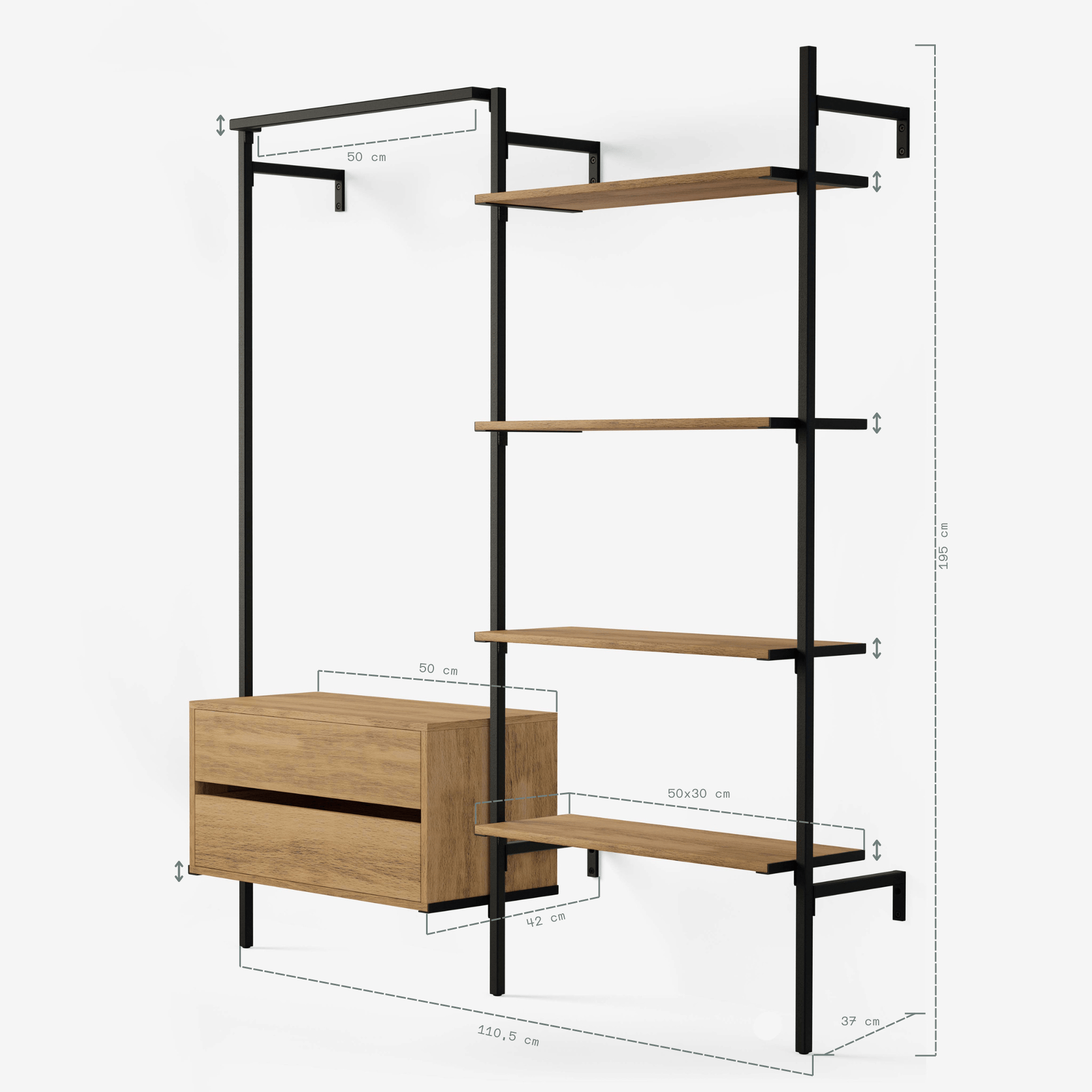 Frame walk-In 2 row wardrobe system with dresser - (1 rail + 1 dresser