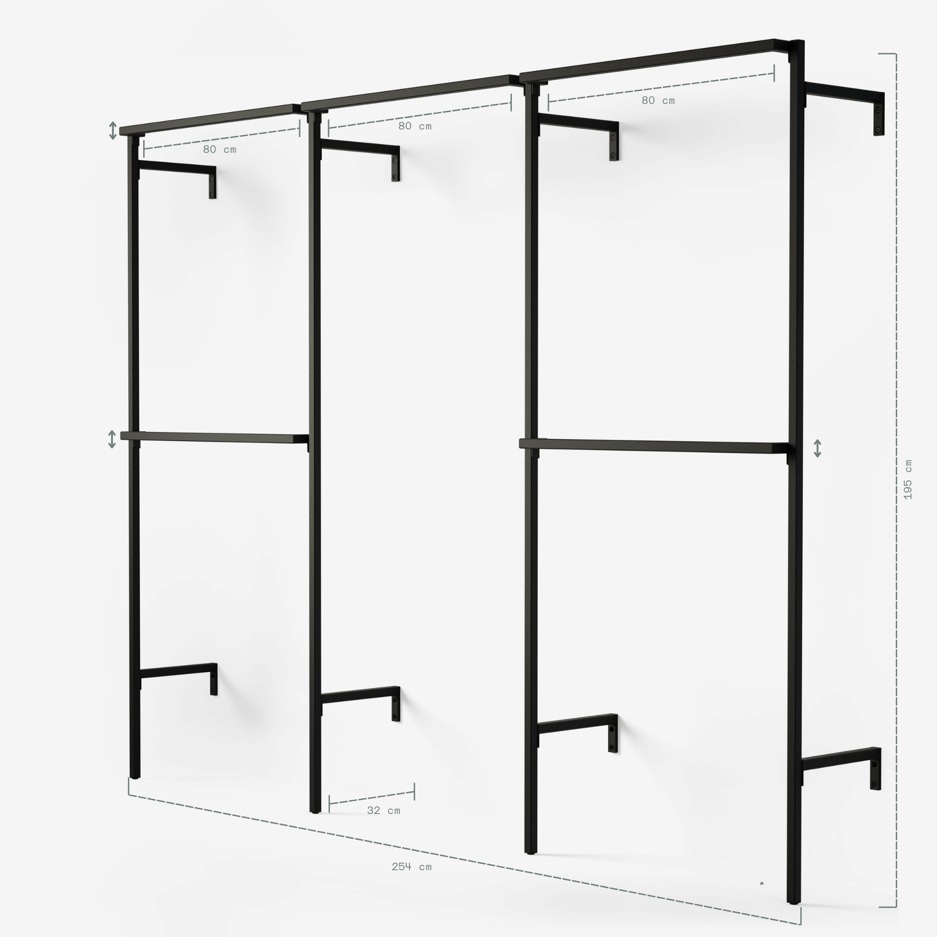 Frame walk-In 3 row wardrobe system - (2 rails / 1 rail / 2 rails)