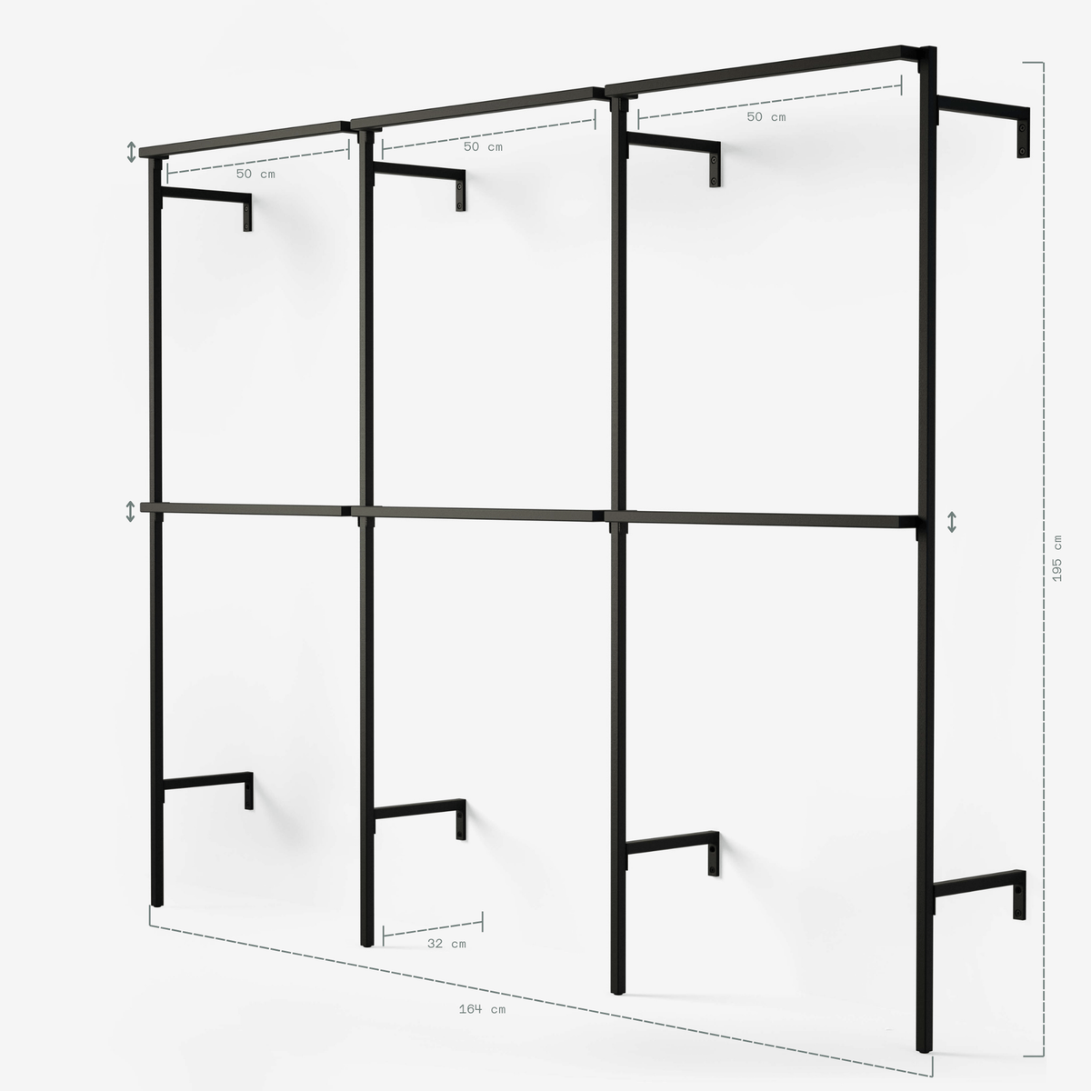 Frame walk-In 3 row wardrobe system - (2 rails / 2 rails / 2 rails)