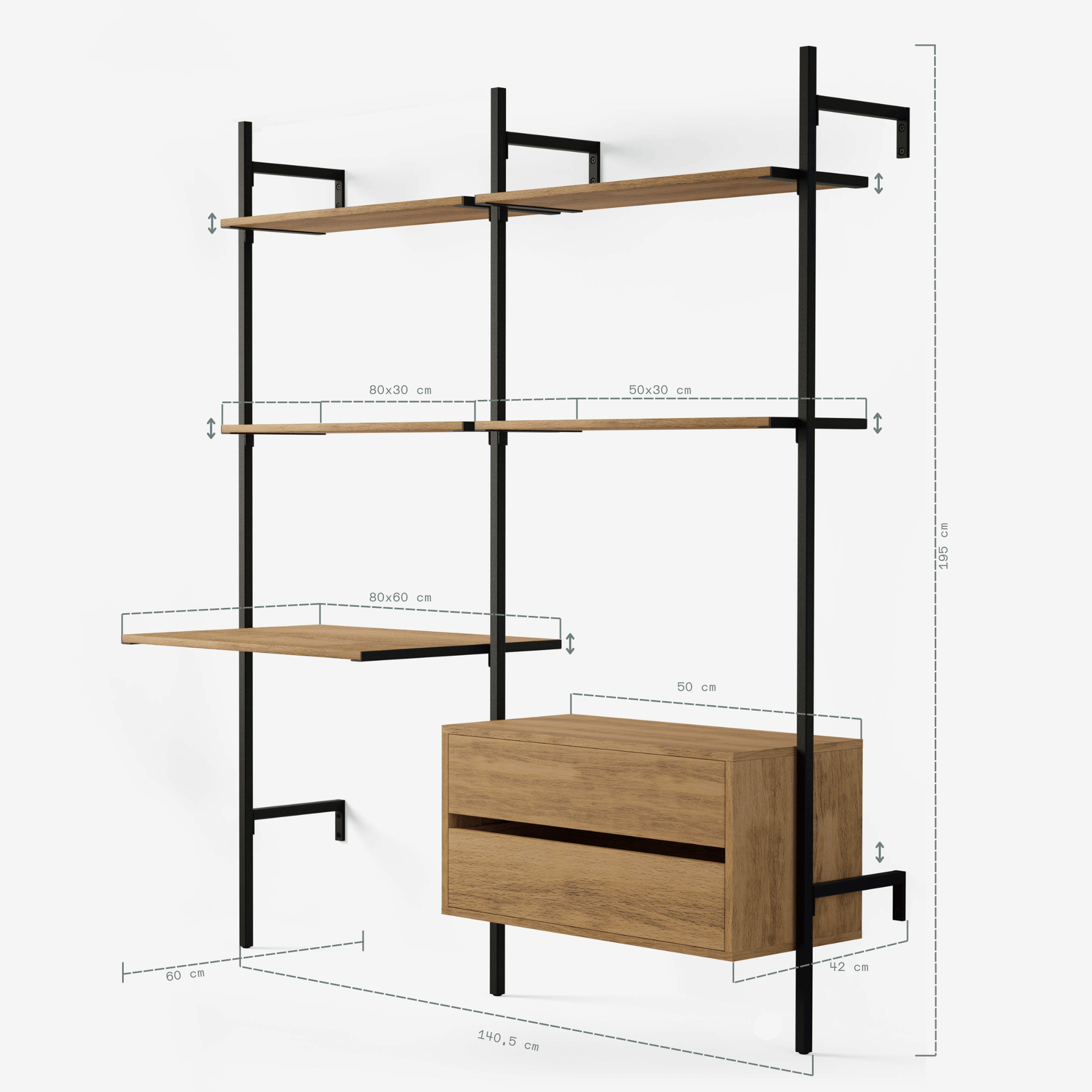 Frame walk-In 2 row wardrobe system with desk & dresser - (1 desk + 2