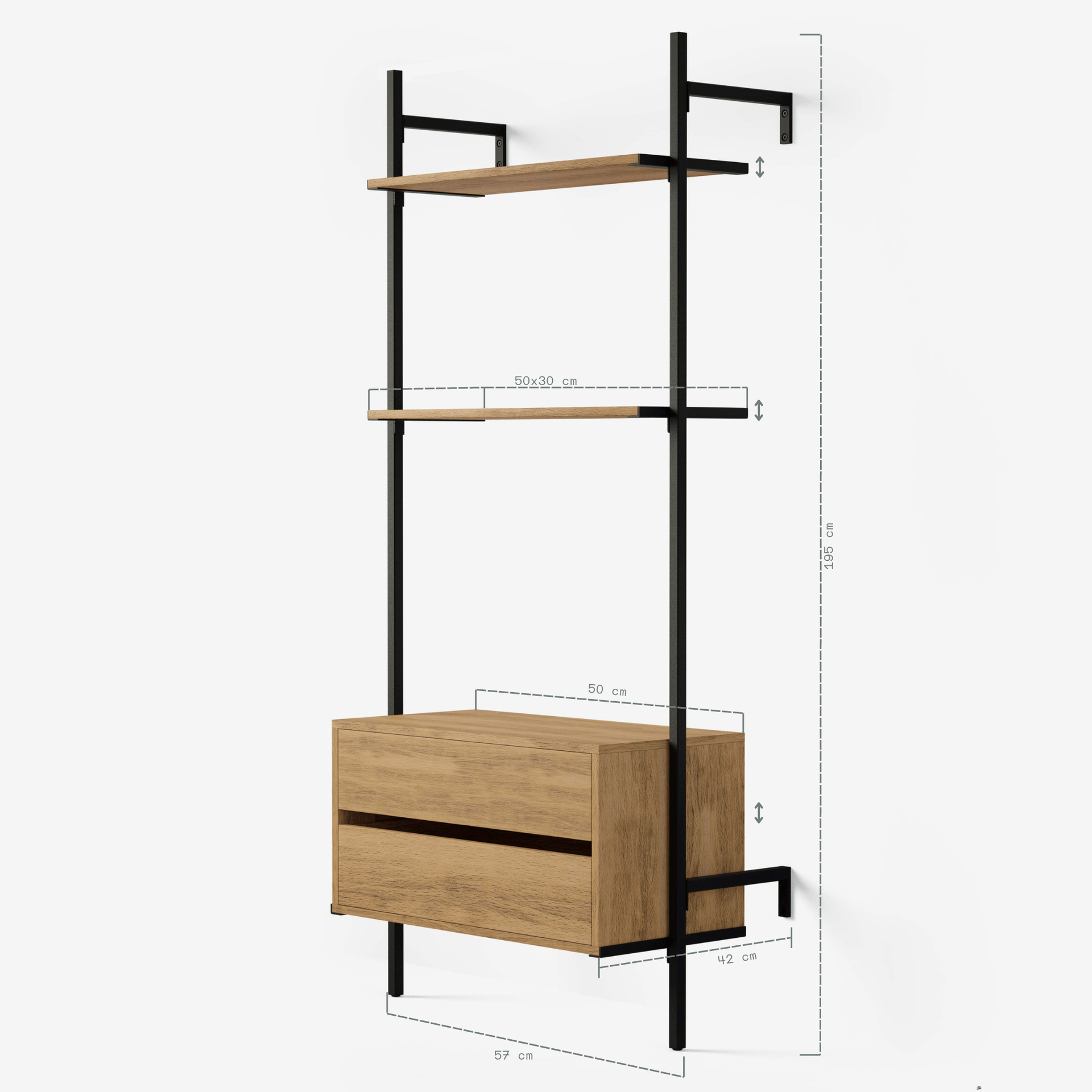 Frame walk-In 1 row wardrobe system with dresser - (2 shelves + 1 dres
